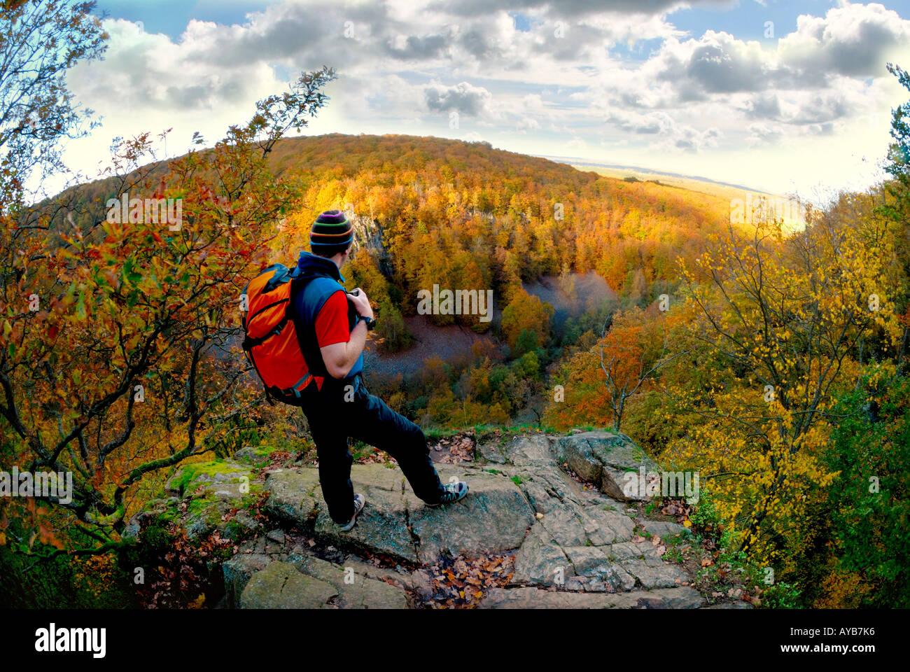 man hiking autumn colours soderasen national park skane sweden enjoying ...