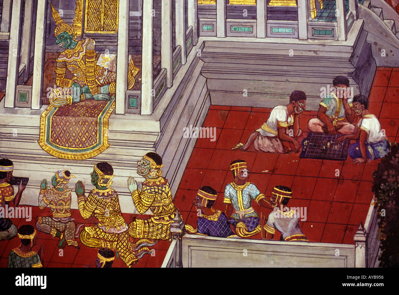 Mural of temple scene, taken in 1998, Wat Phra Kaew, Temple of the ...