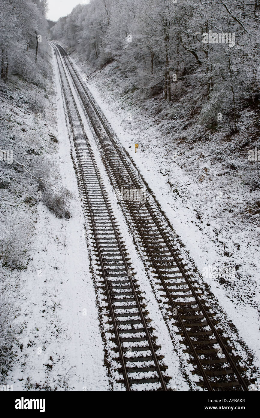Railway tracks covered in Winter snow on the Chiltern line Stock Photo ...