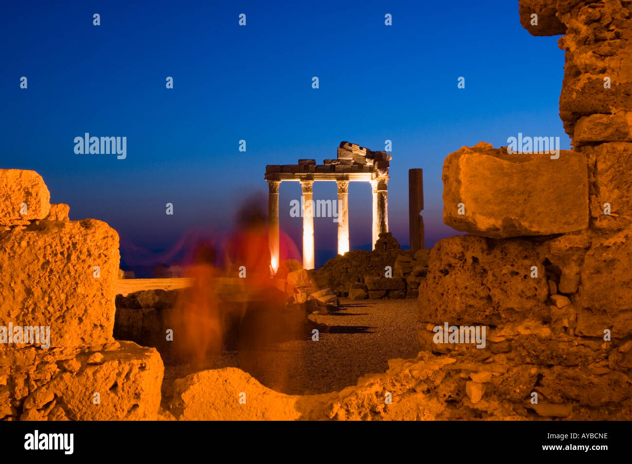Turkey, Side. The rebuilt Temple of Apollo at dusk with motion-blurred ...