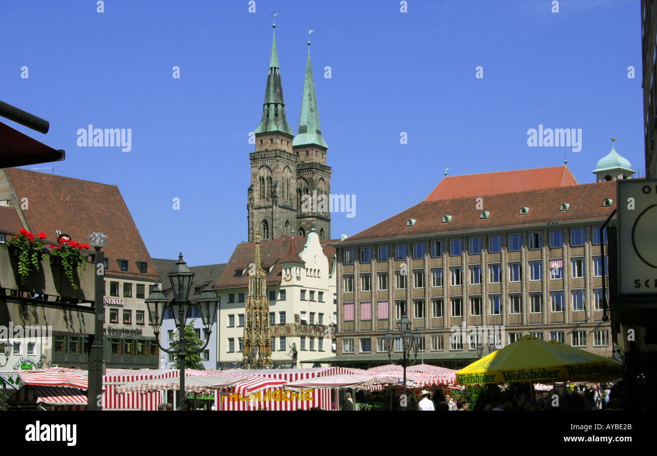 Hauptmarkt with beautiful fountain and the towers of St Sebald Sebaldus ...