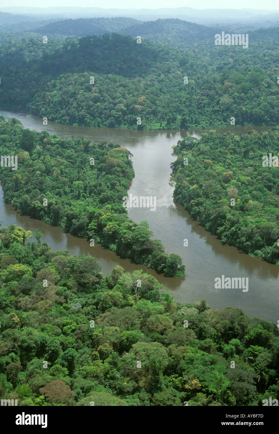 Aerial view of Jari River coming down from Guyana Highlands and lush ...