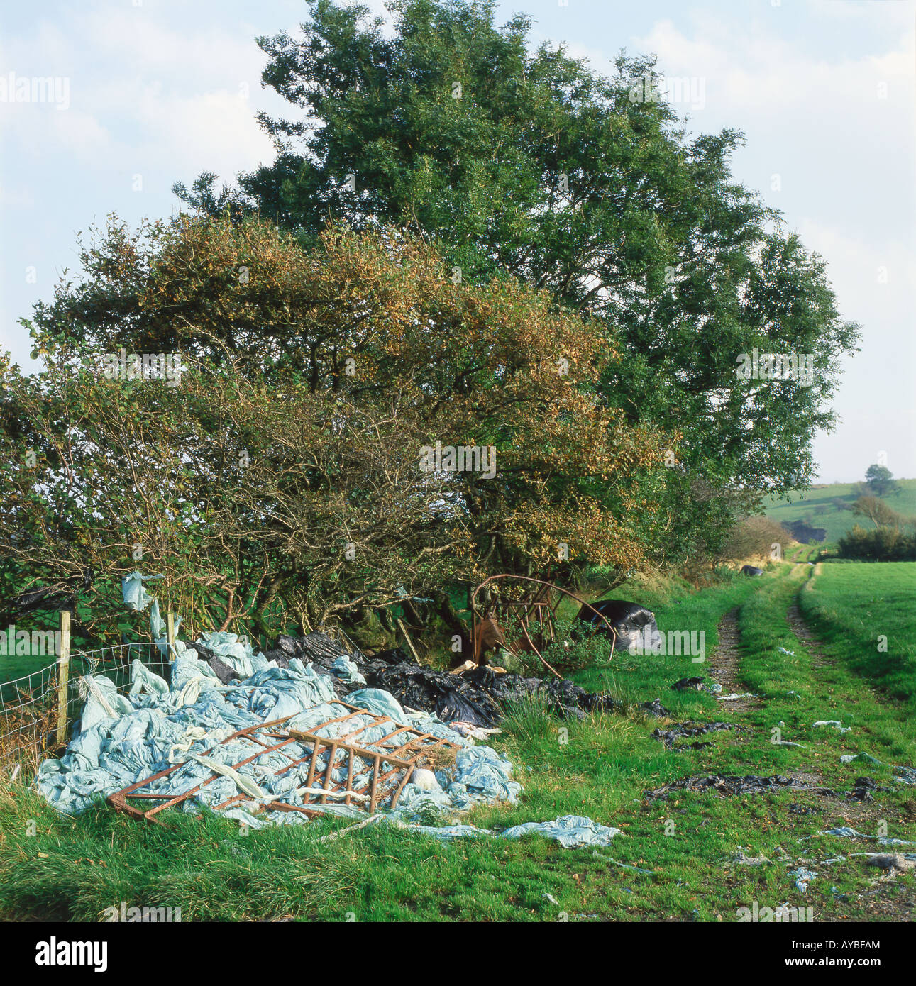 Idyllic countryside with discarded silage plastic waste on farm Wales ...