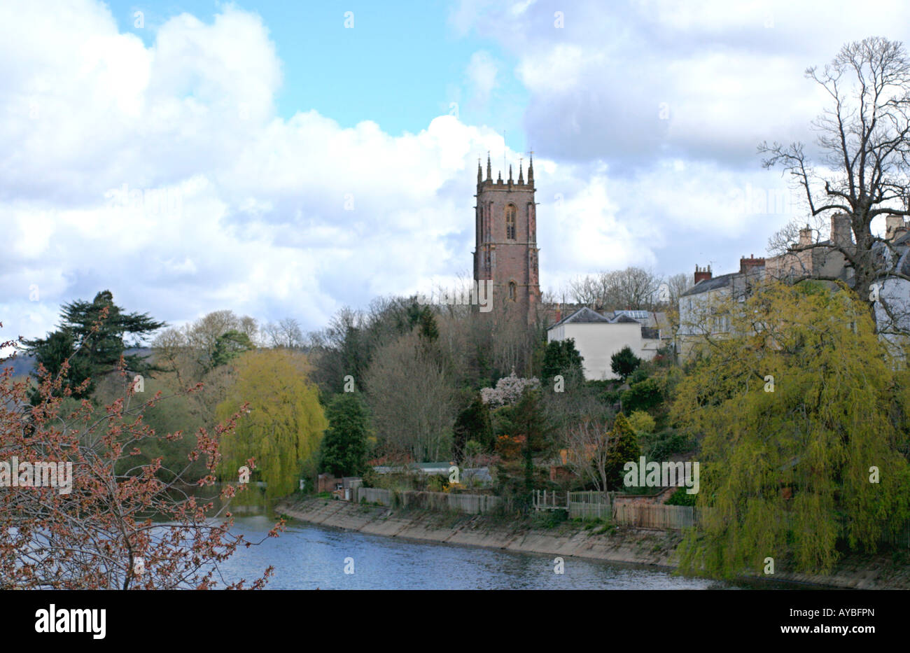 St Peters Church Tiverton Devon and the River Exe in spring Stock Photo ...