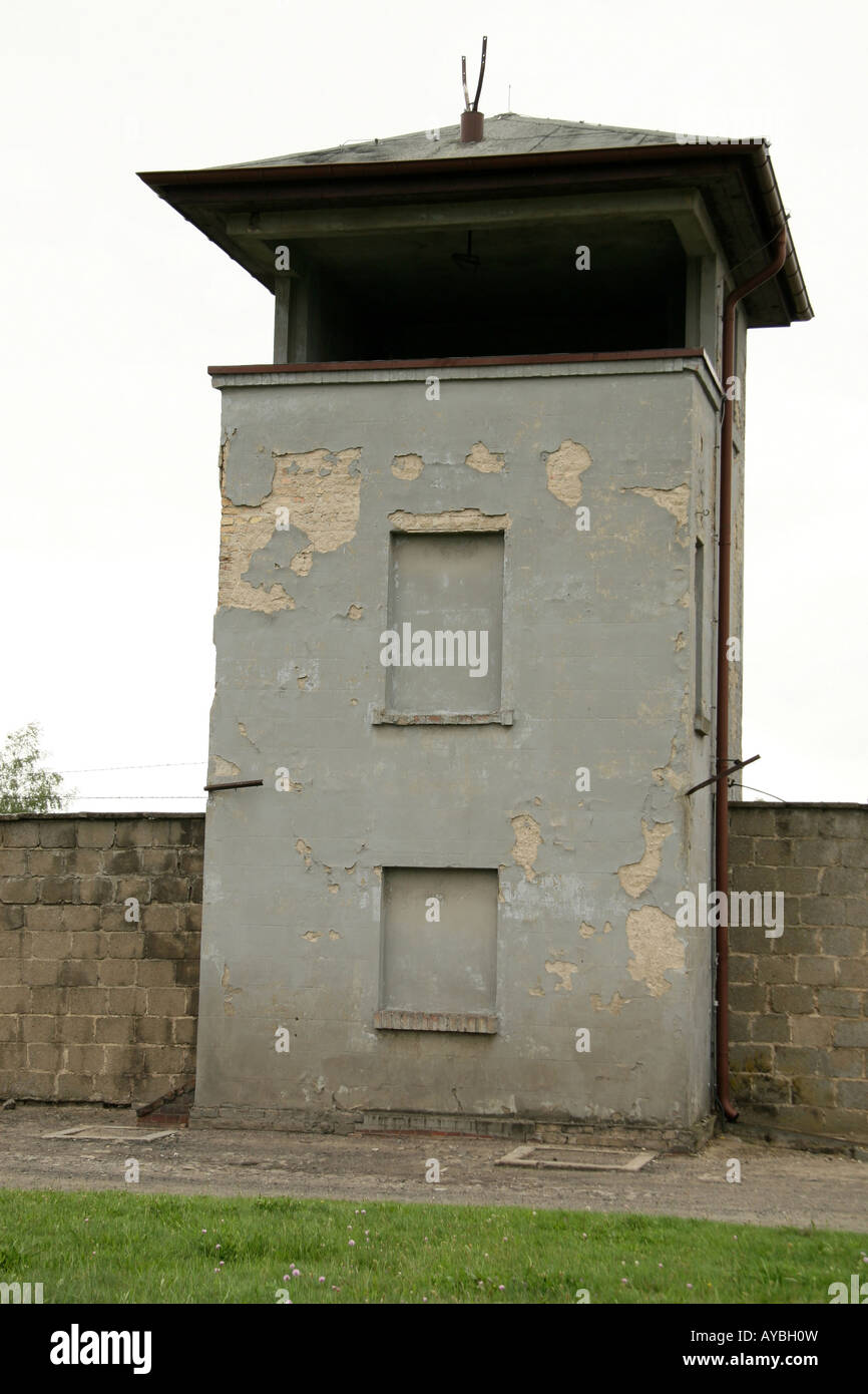 A guardtower on the edge of the former Nazi concentration camp at ...