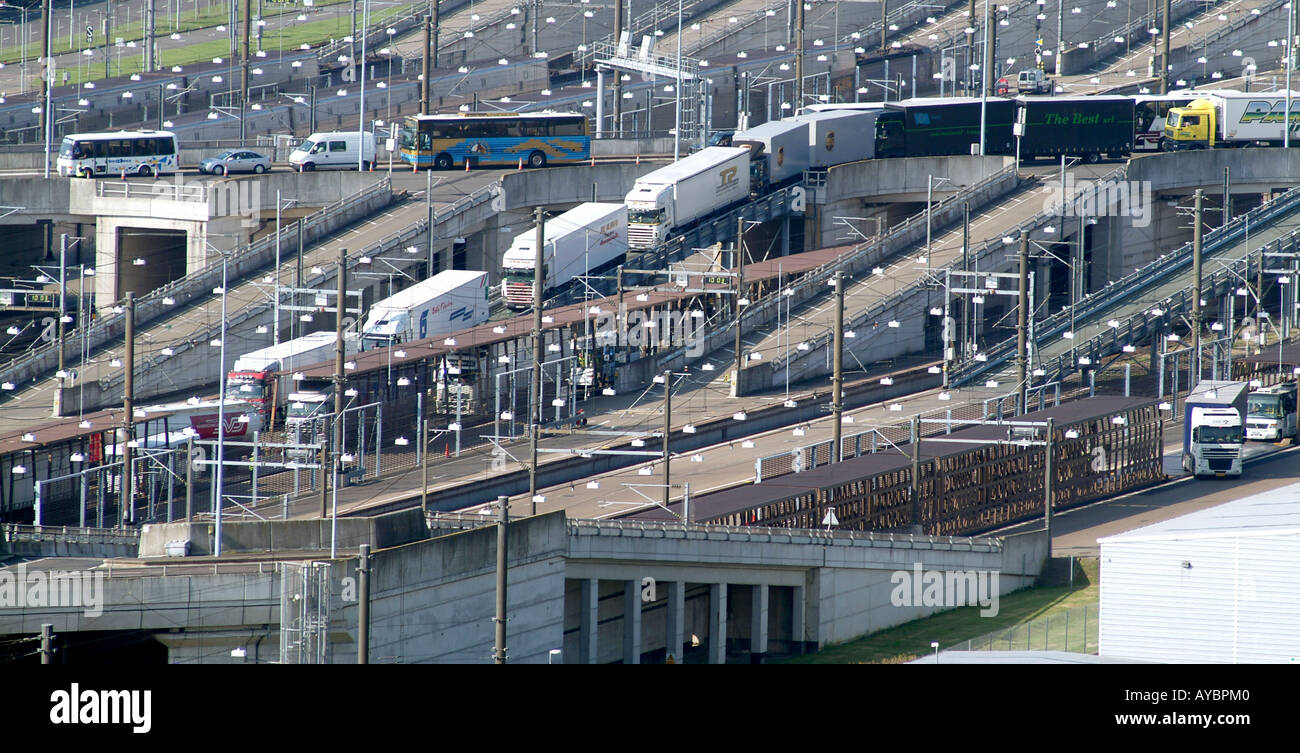 Lorries loading onto Le Shuttle at the Channel Tunnel terminal England ...