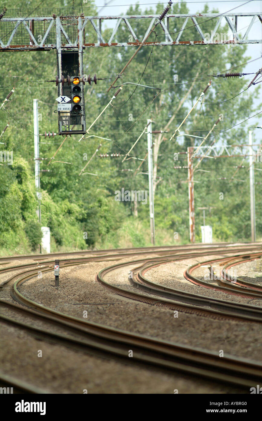 Railway track signals and catenary on the Midland Main Line in the UK ...