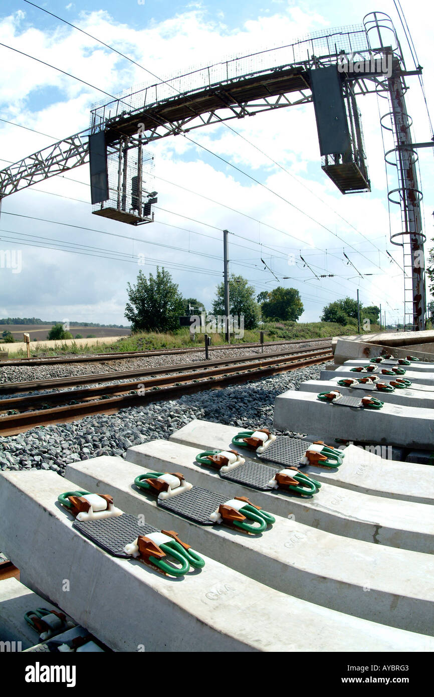 Concrete sleepers next to railway track in the UK Stock Photo - Alamy