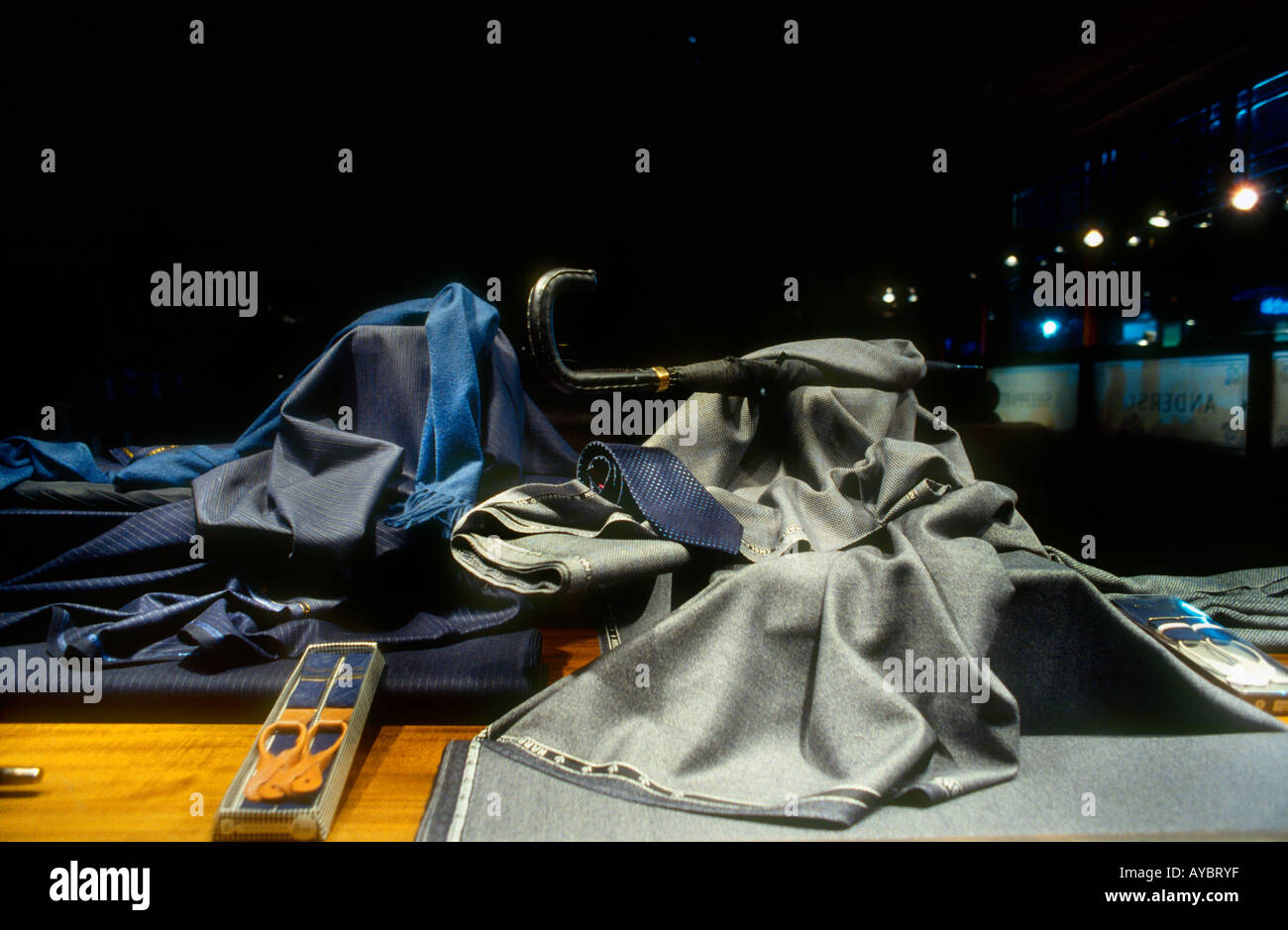 Window display of mens attire in Savile Row bespoke tailors shop ...