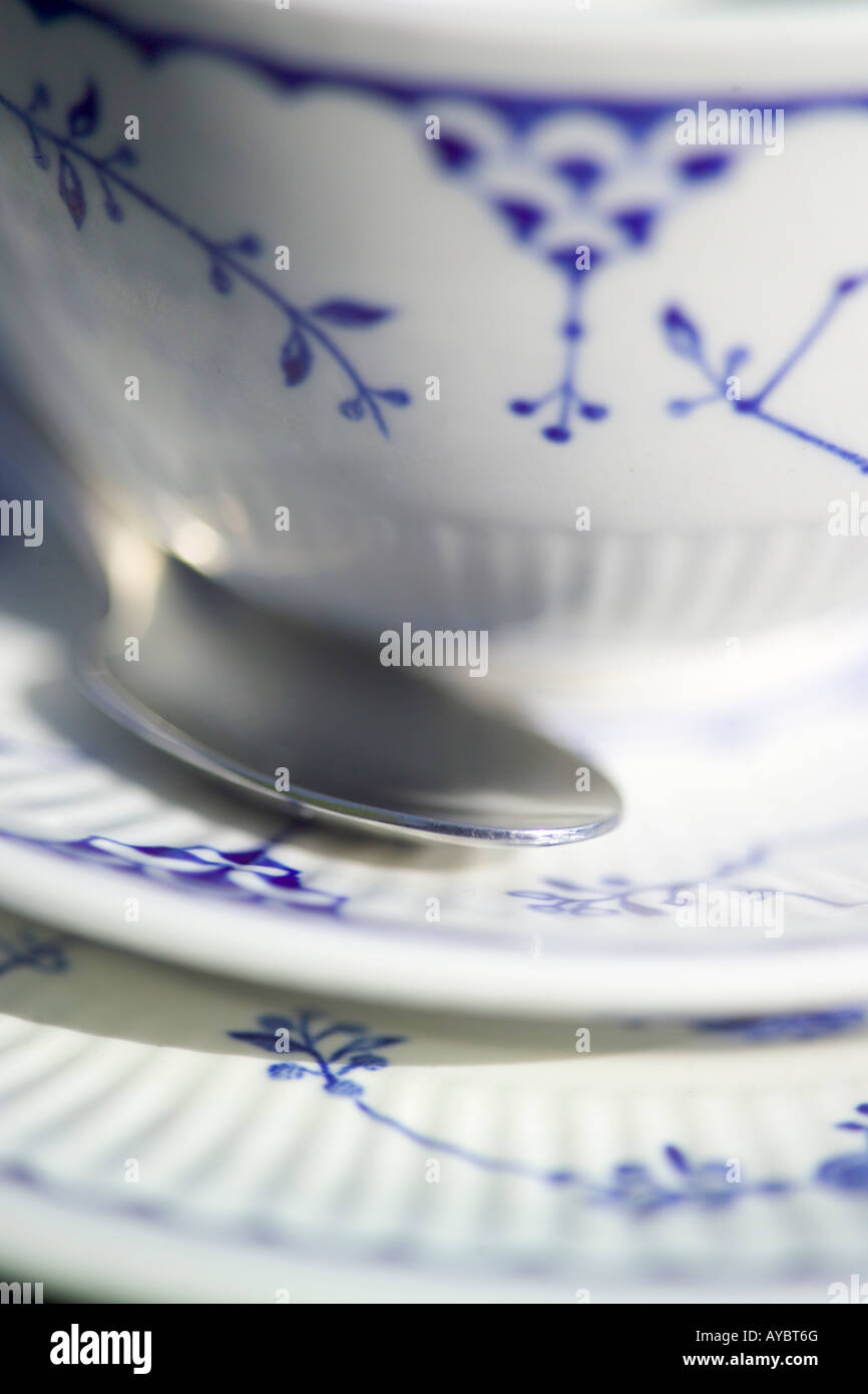 Tea cup saucer and spoon blue and white pattern Stock Photo - Alamy