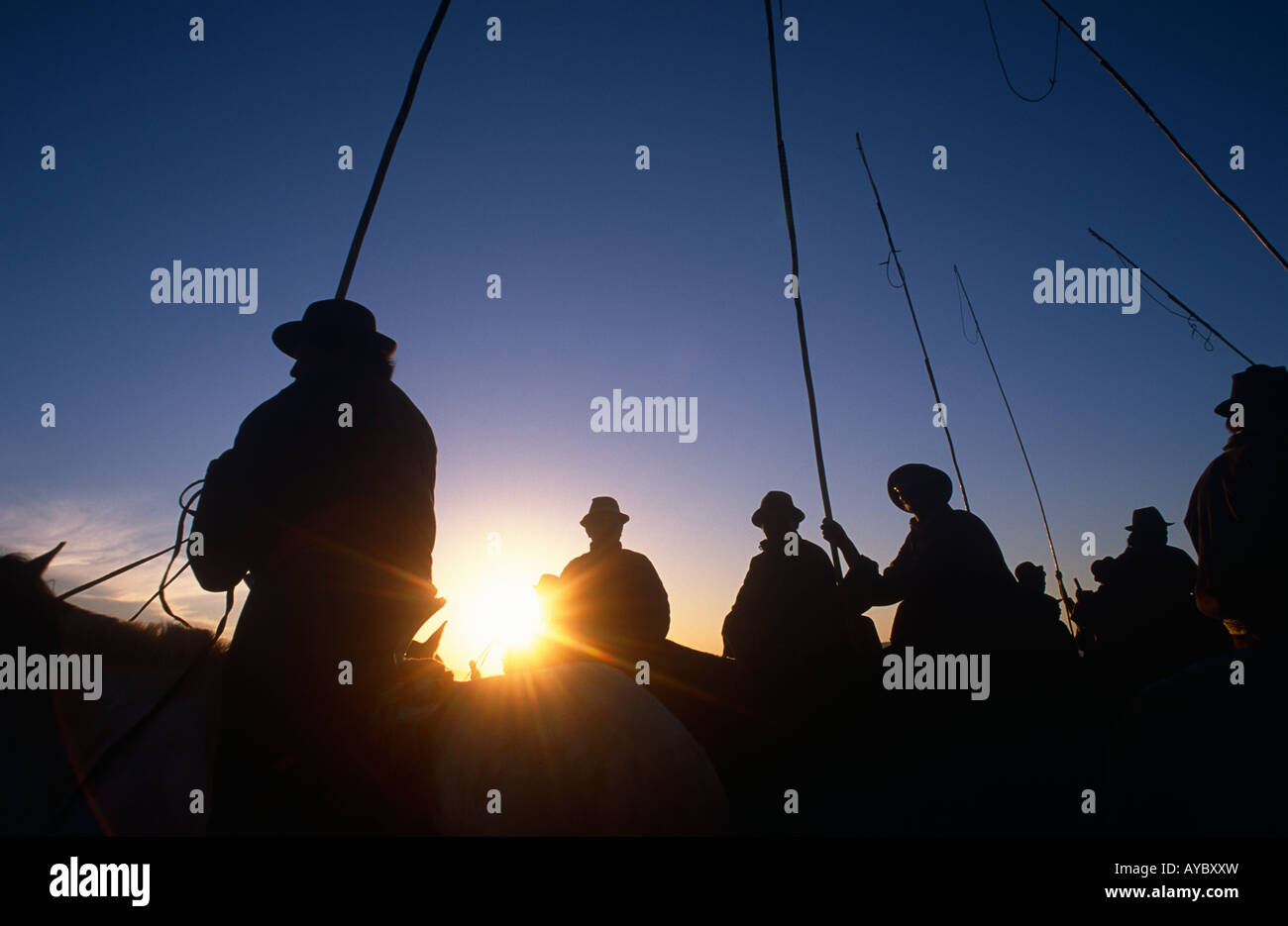 Mongolia, Karakorum. Horse herders with their Urgas (lasso poles ...