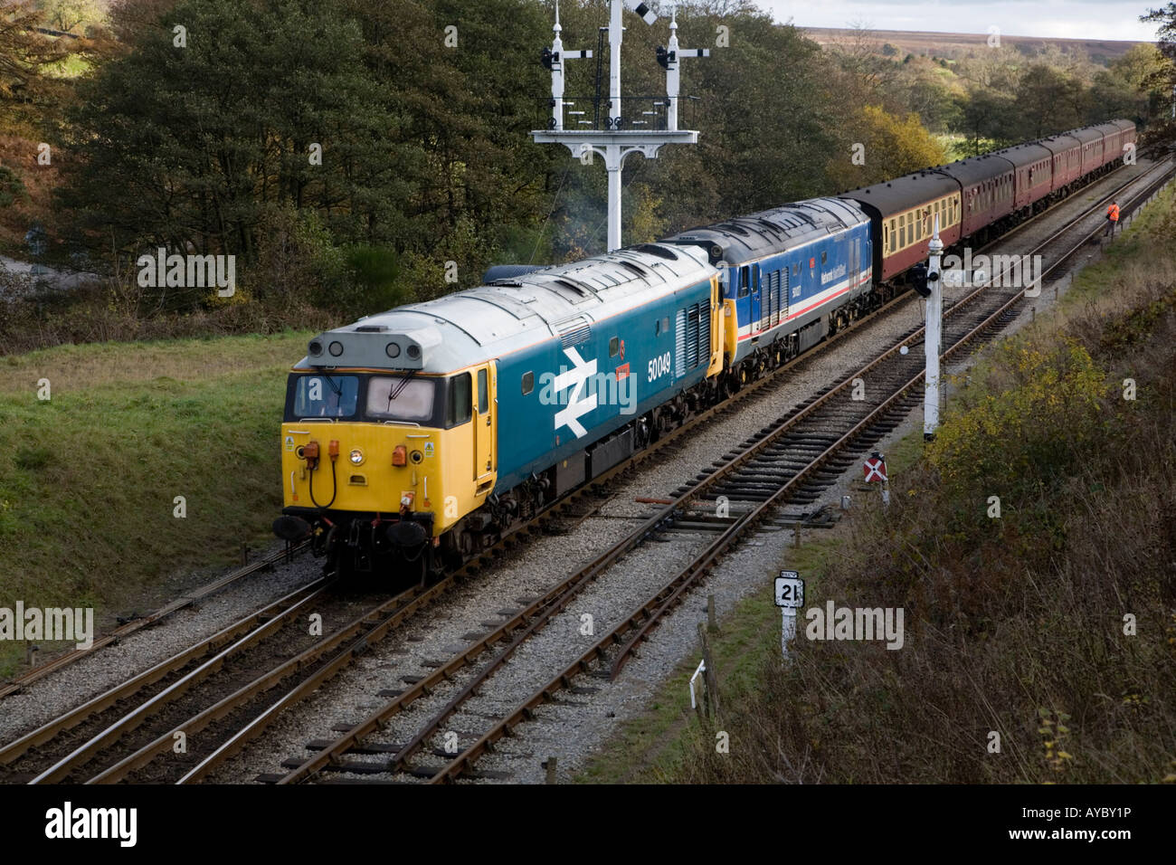Diesel Locomotive Class 50 Defiance towing Class 50 Exeter Stock Photo ...