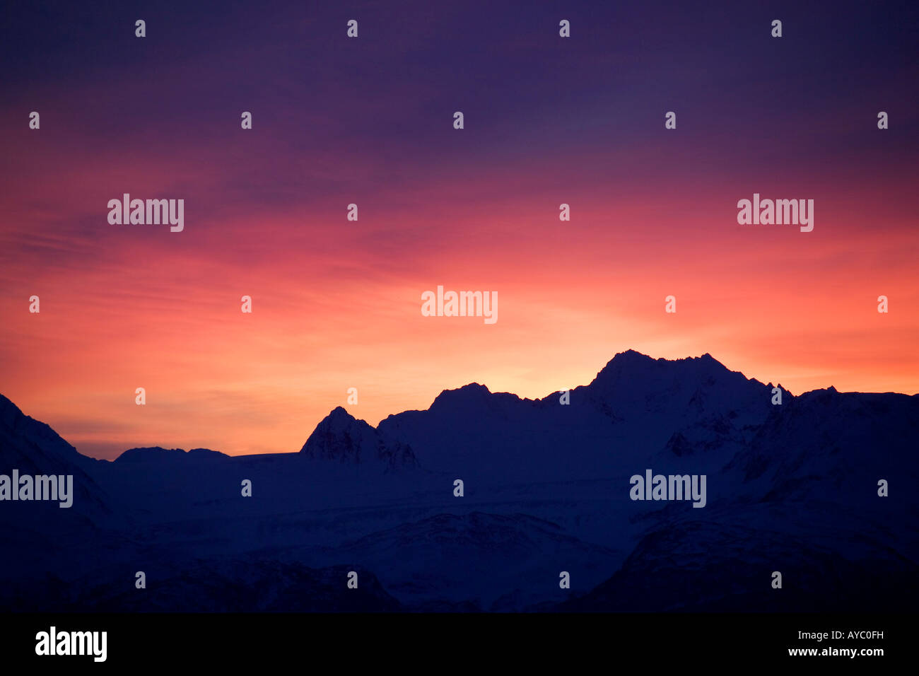 USA, Alaska. Sunrise over the Kenai Mountains as viewed from mile 14.5 ...
