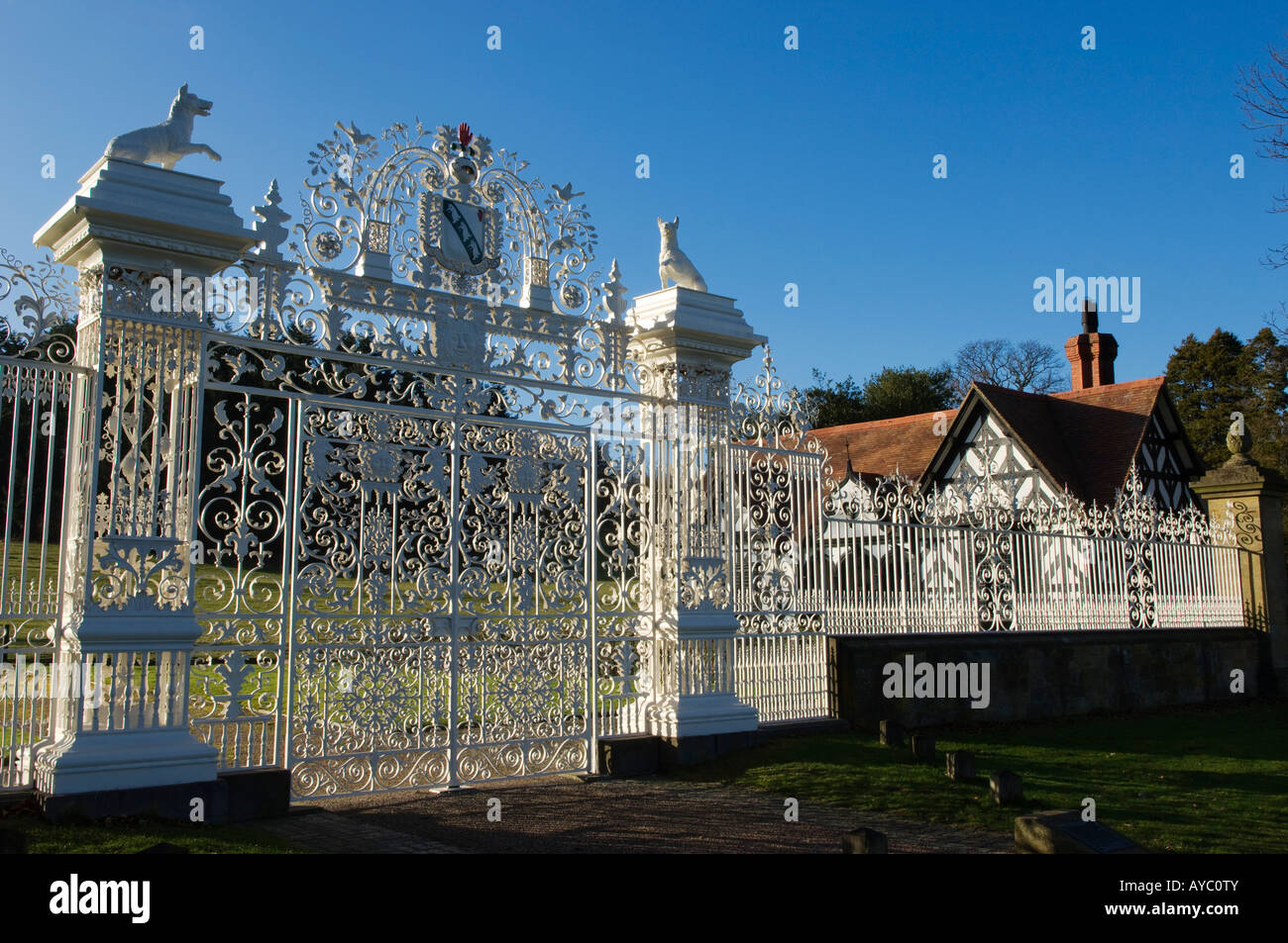 Wales, Wrexham, Chirk. The Baroque gates of Chirk Castle, wrought by ...