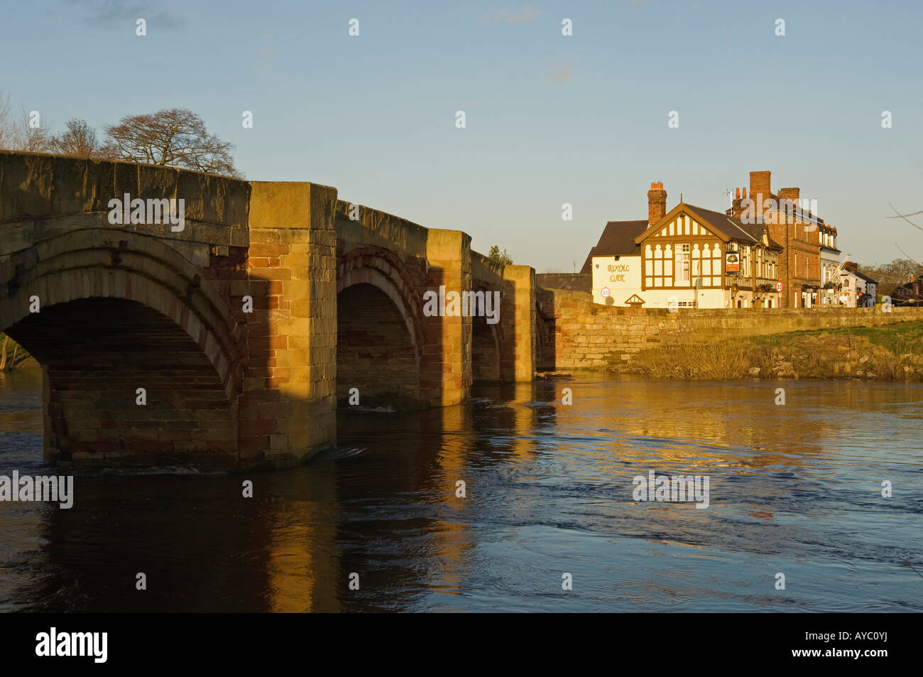 Wales, Wrexham, Bangor-on-Dee. The cobbled 17th Century bridge ...