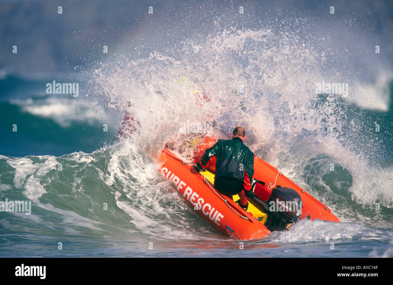 Surf Rescue Boat in action Towan Beach Newquay Cornwall UK Stock Photo ...