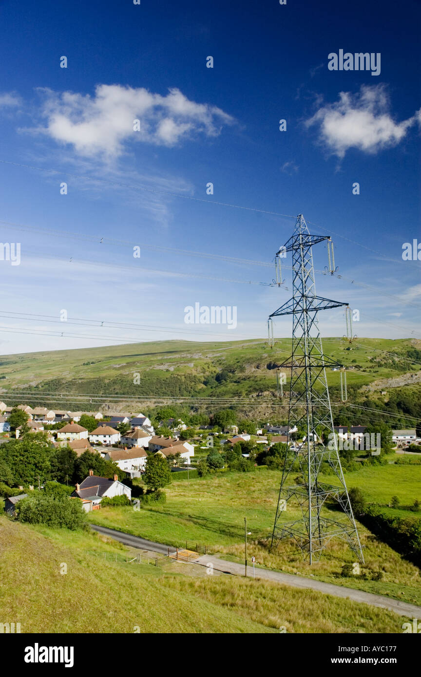 Electric pylons on Welsh hillside. Llanelly Hill, Monmouthshire, Wales ...