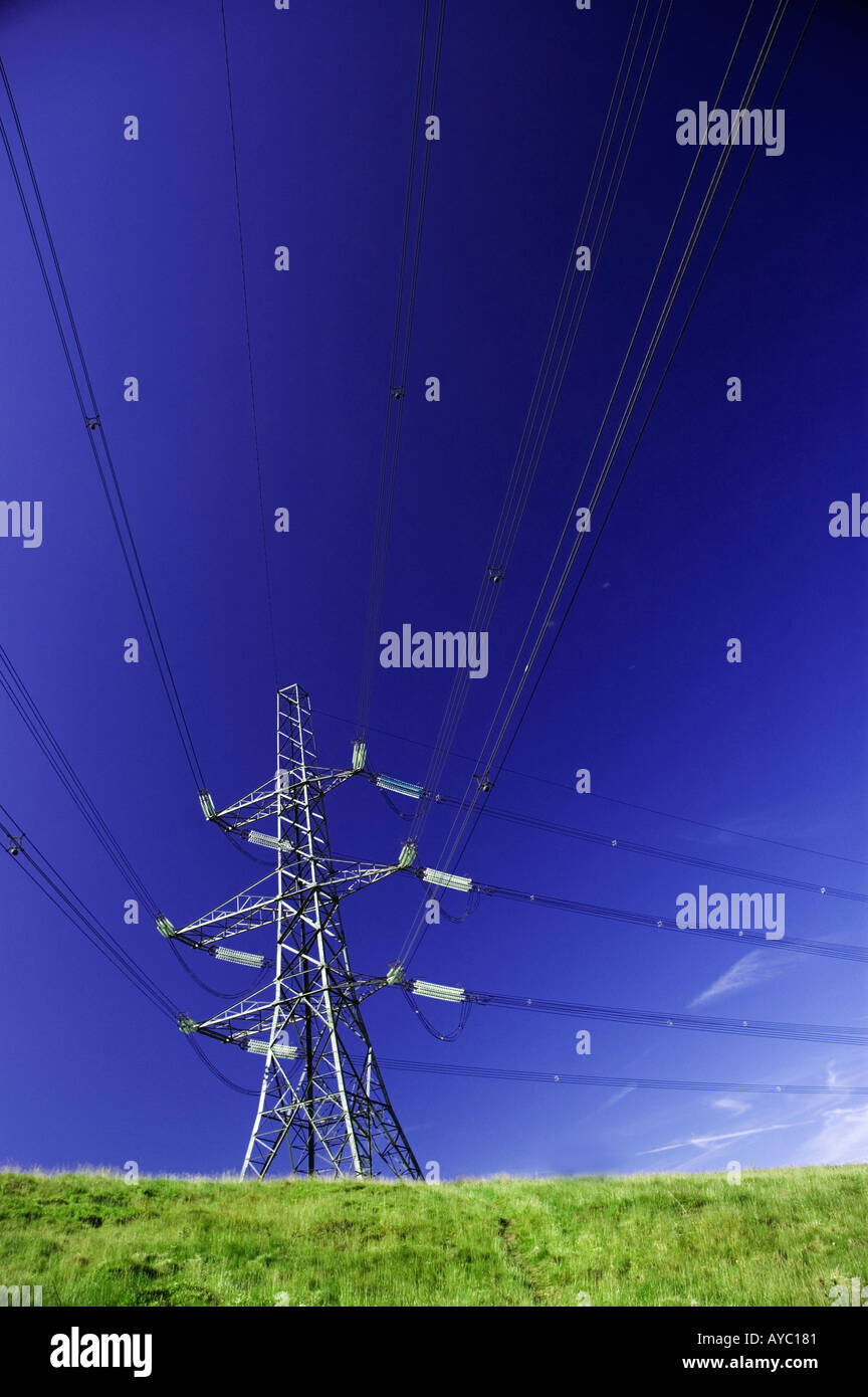 Electric pylons on Welsh hillside. Llanelly Hill, Monmouthshire, Wales ...