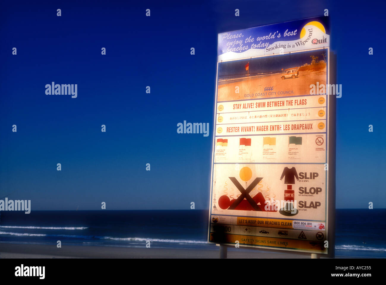 A beach bathing warning sign on the Gold Coast Queensland Australia ...