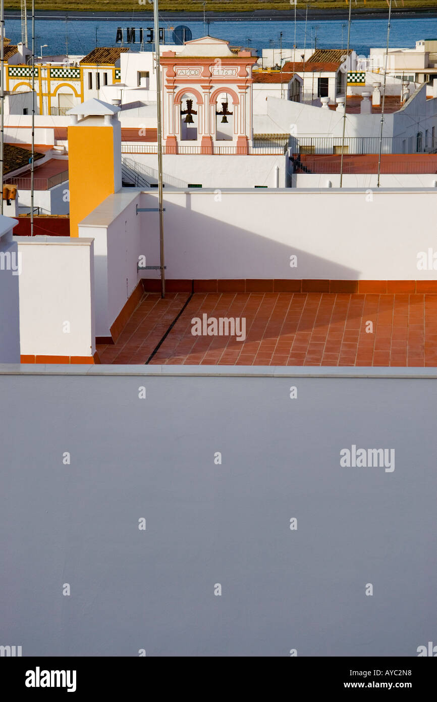A view over the rooftops of the white buildings in Ayamonte a coastal ...