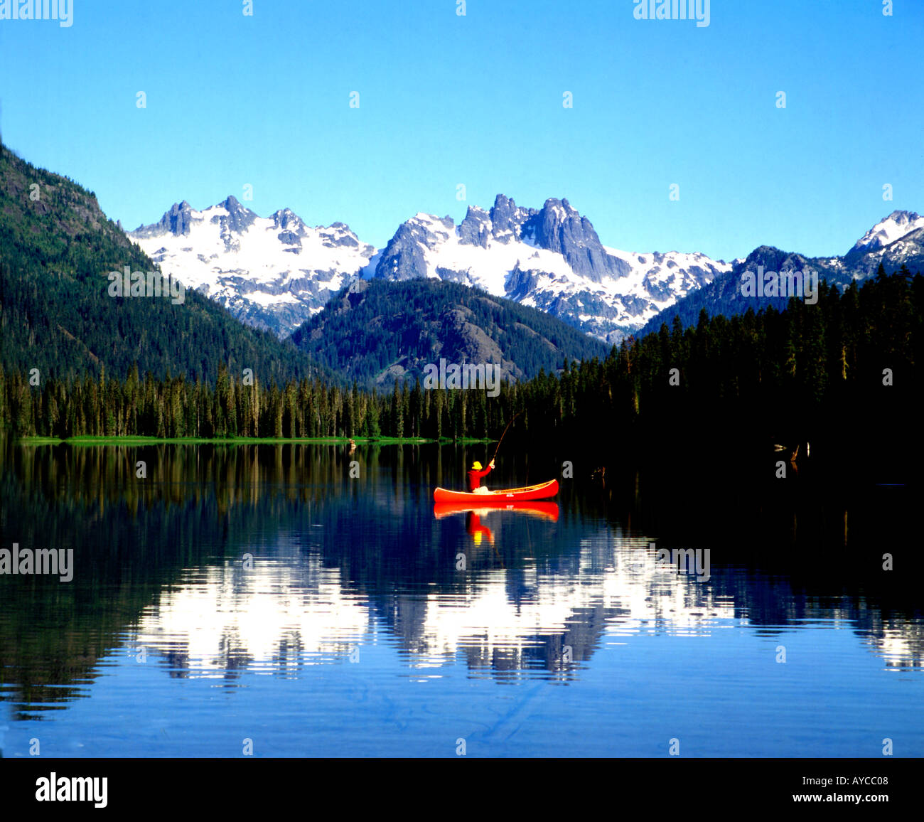 Cooper Lake in the Cascade Mountains of Washington showing a solitary ...