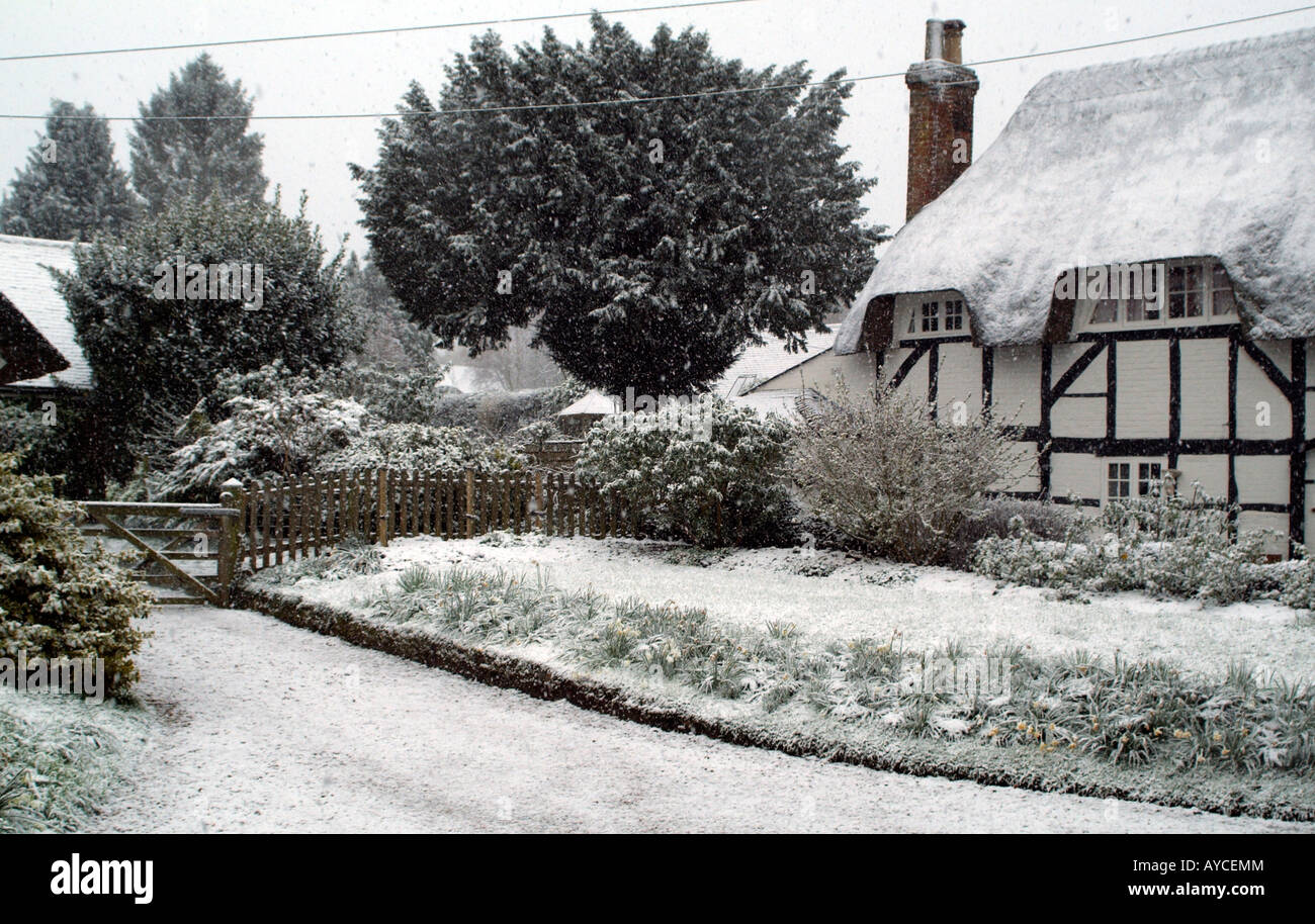 Winter Snow Scene England UK Gloomy Outlook Thatched Cottage Stock ...