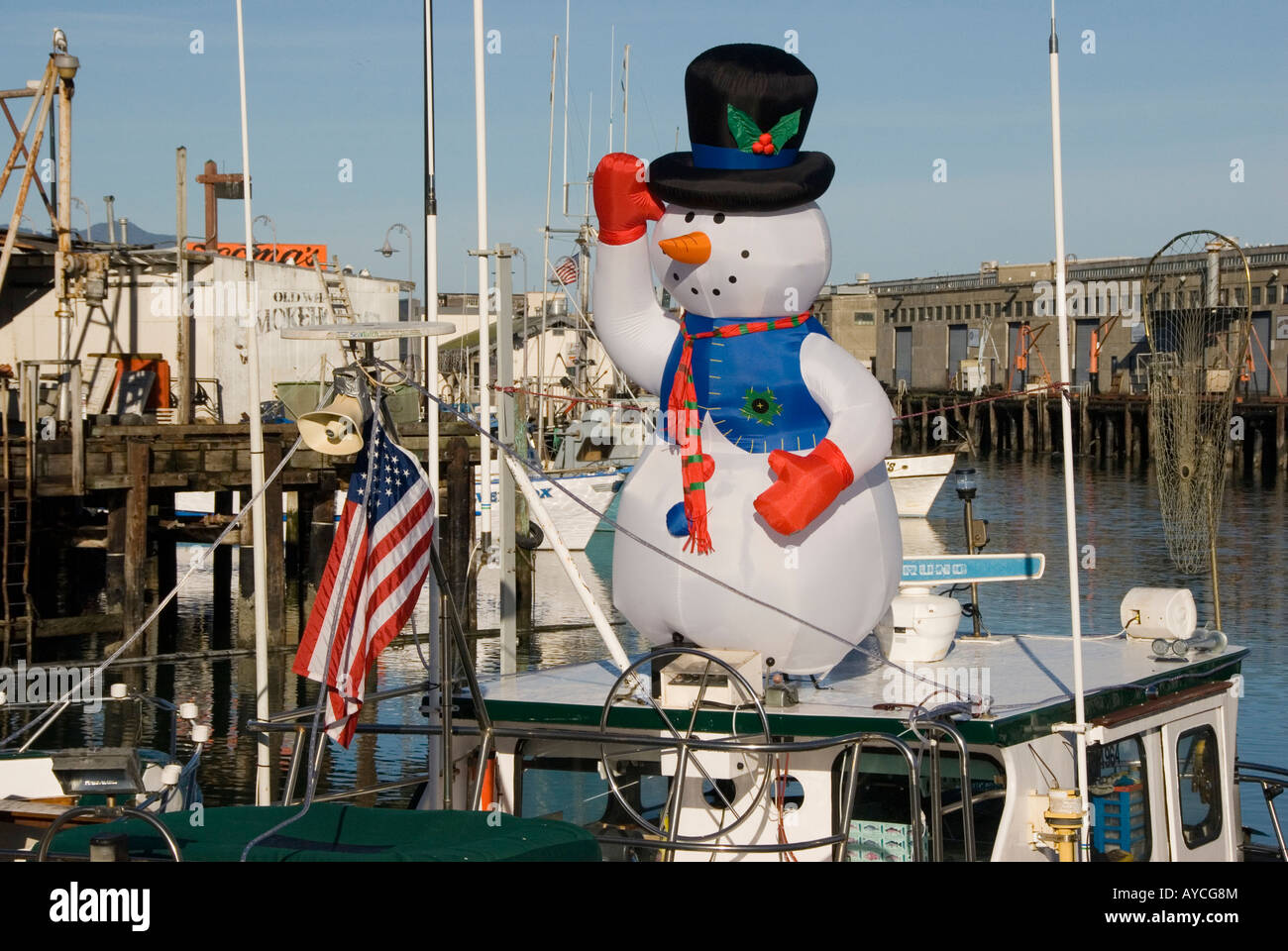 A Pseudo snowman on a boat in Fisherman's Wharf Stock Photo - Alamy