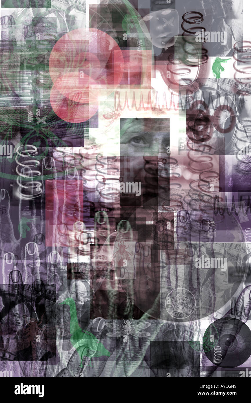 Strange objects and stylized shapes form an abstract art collage Stock ...