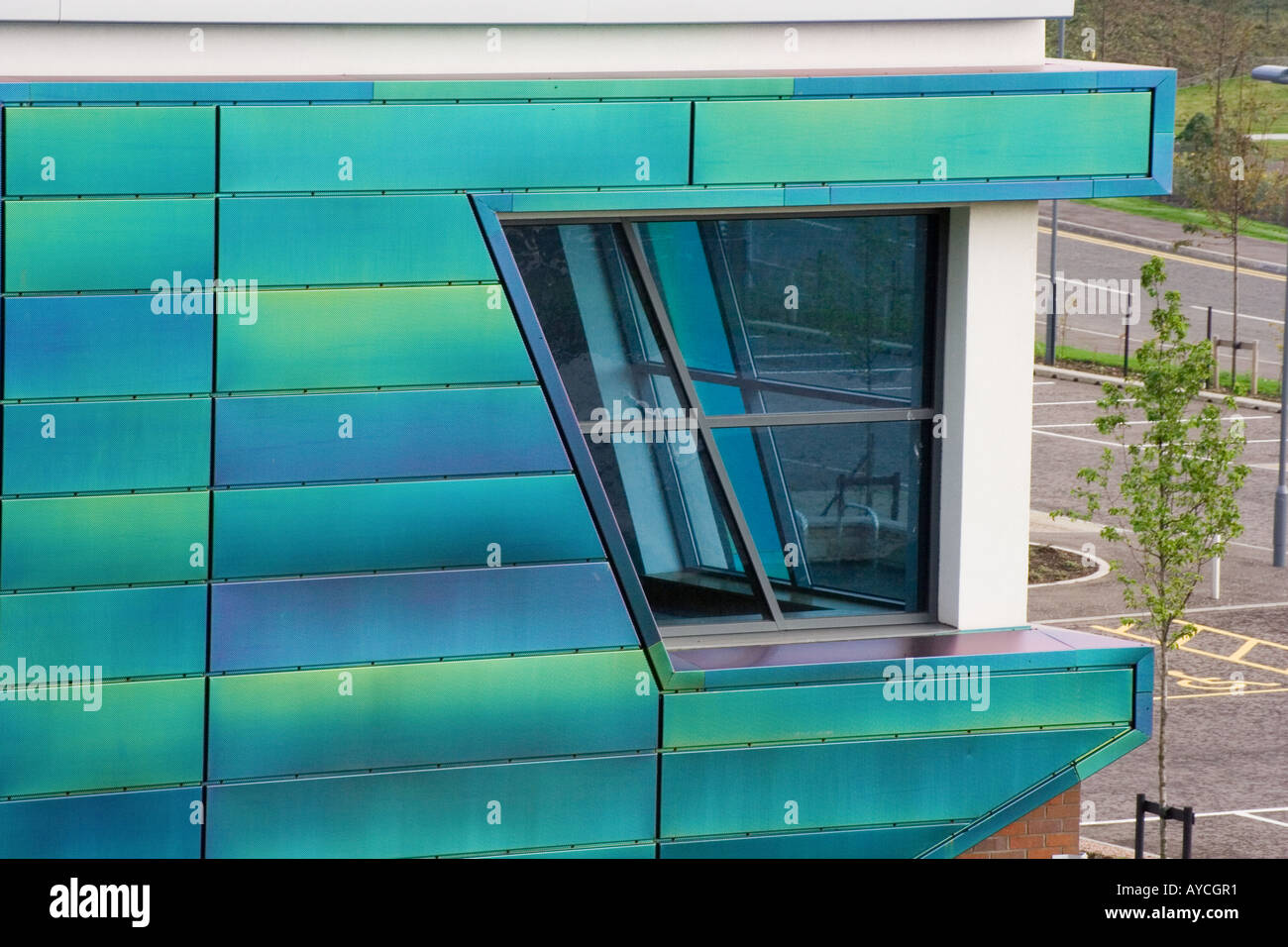 Angled view of a modern and stylish office building window in riverside ...