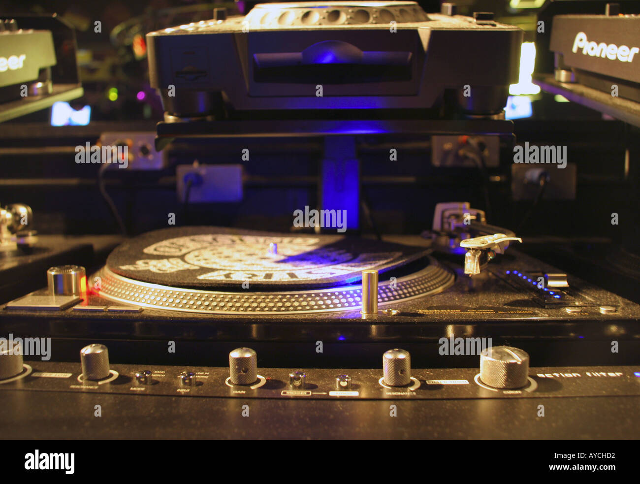 closeup of the turntables in the dj booth at london's ministry of sound ...