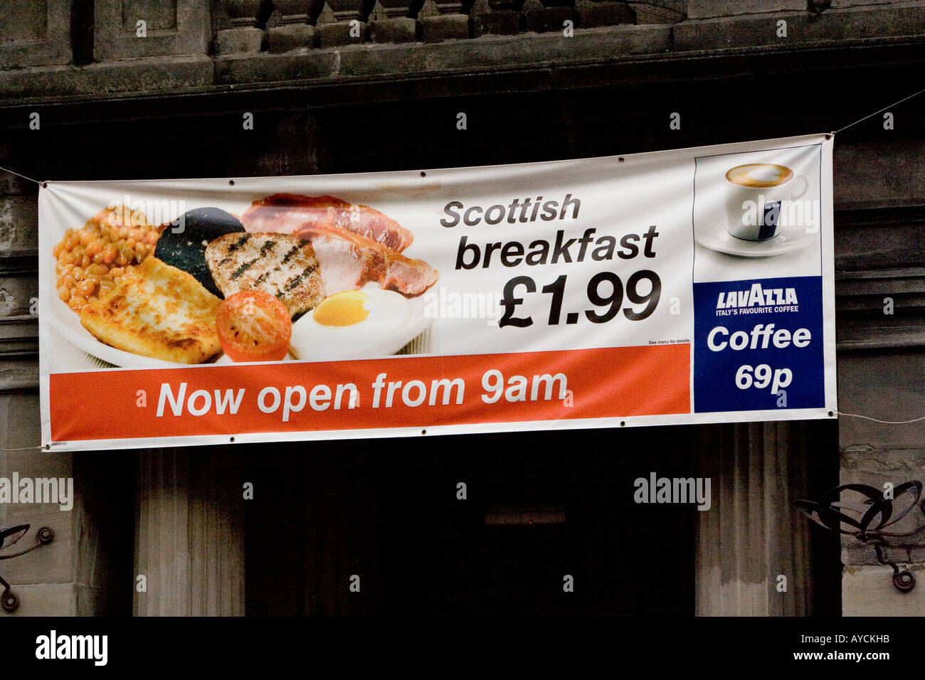 Weatherspoon`s "Counting House" pub advertising good Scottish breakfast ...