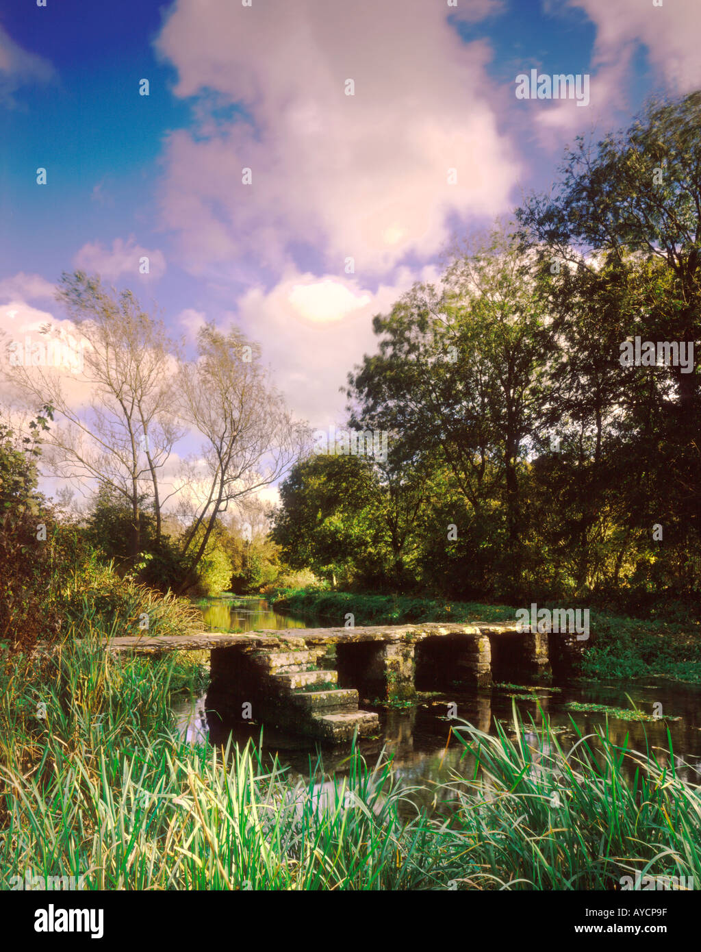 River Leach and Clapper Bridge Eastleach Gloucester Cotswolds England ...