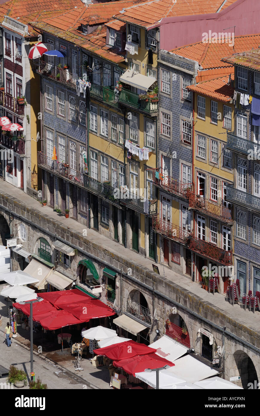 Porto Portugal Tile fronted buildings on the Cais da Ribeira Stock ...
