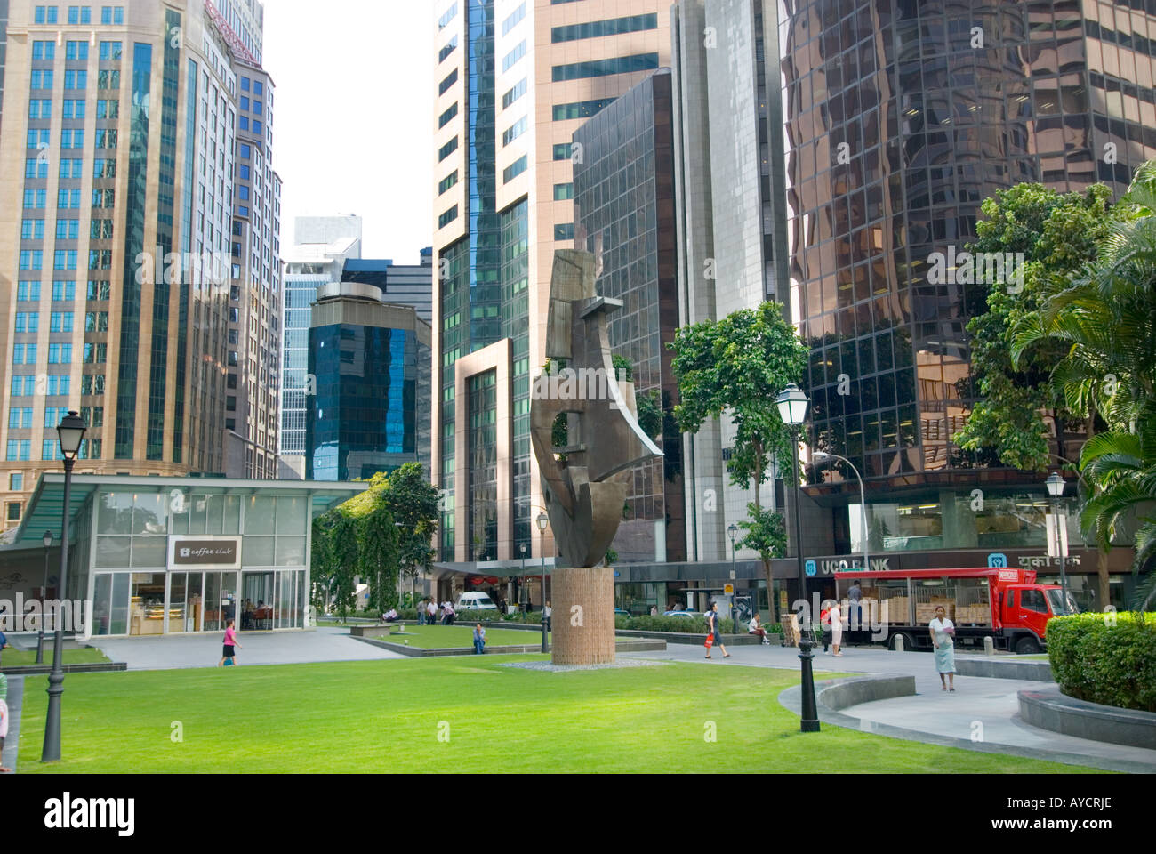 Coffeeshop coffee shop Raffles Place MRT station and towering concrete ...
