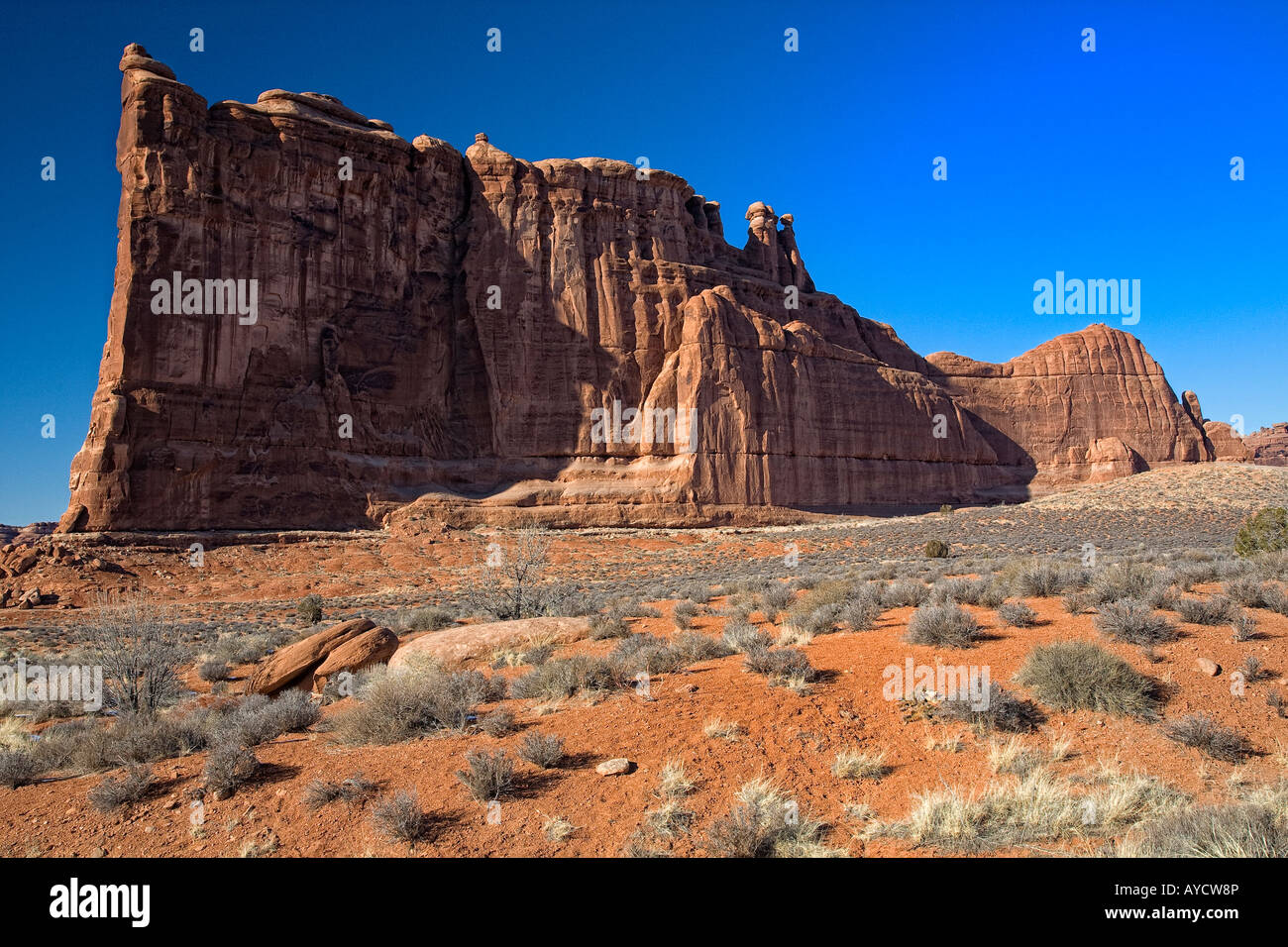 The Tower of Babel with winter snow in Arches National Park Stock Photo ...