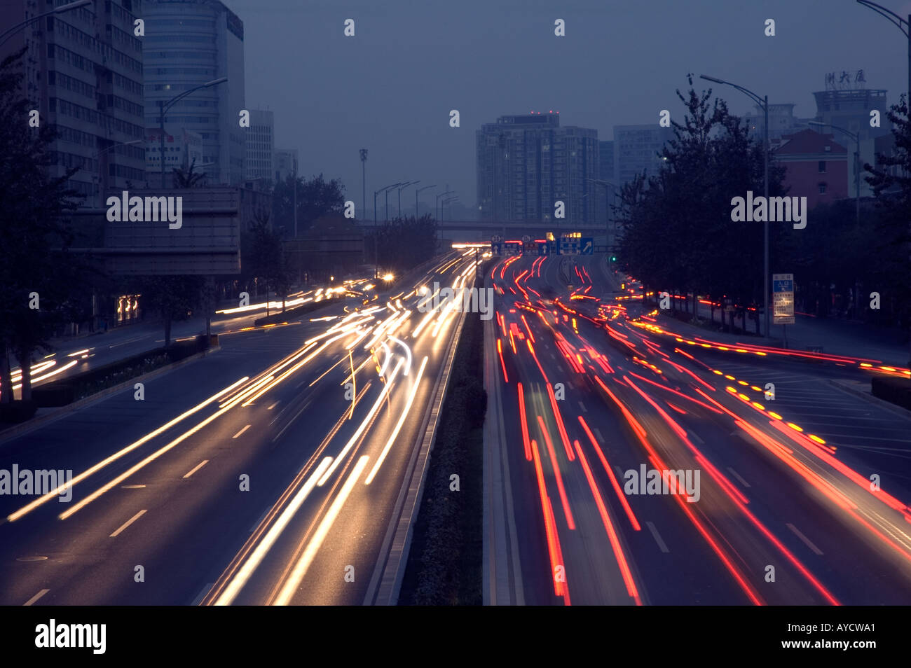 Night time flow of traffic and cars on the third ring road, Beijing ...