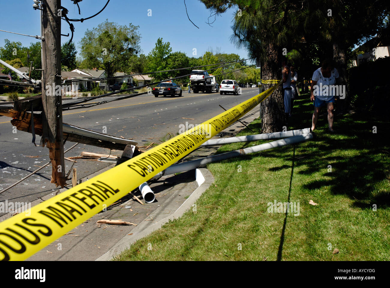 Destroyed power pole after an SUV crashed through it Stock Photo - Alamy