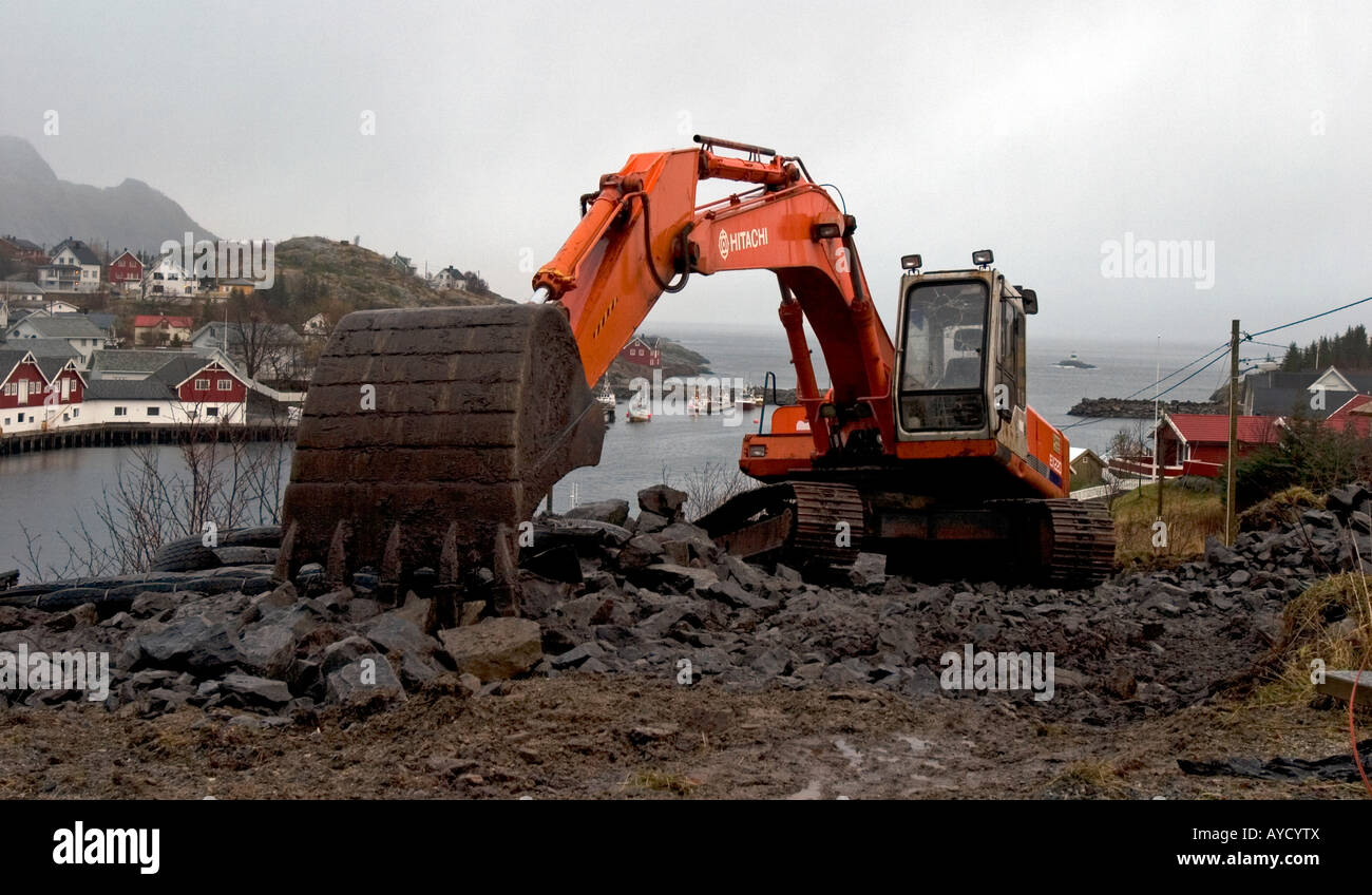 Backhoe used for road construction in Å, Lofoten, Norway Stock Photo ...