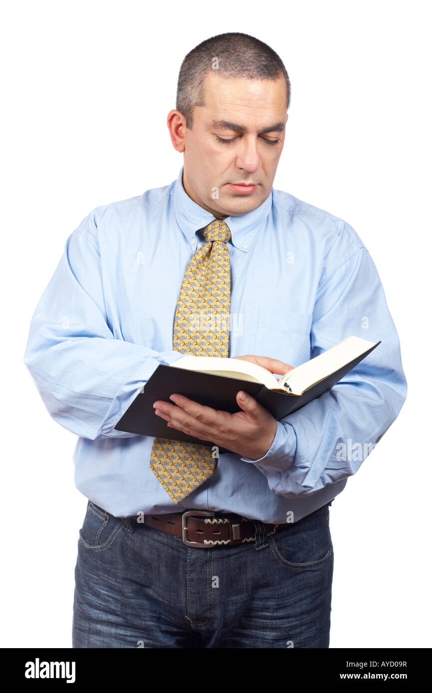 Serious business man reading a book over a white background Stock Photo ...