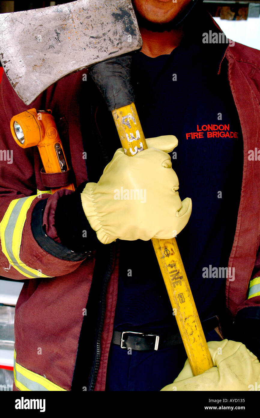 Close up of a London Fire Brigade fireman showing his uniform and a ...