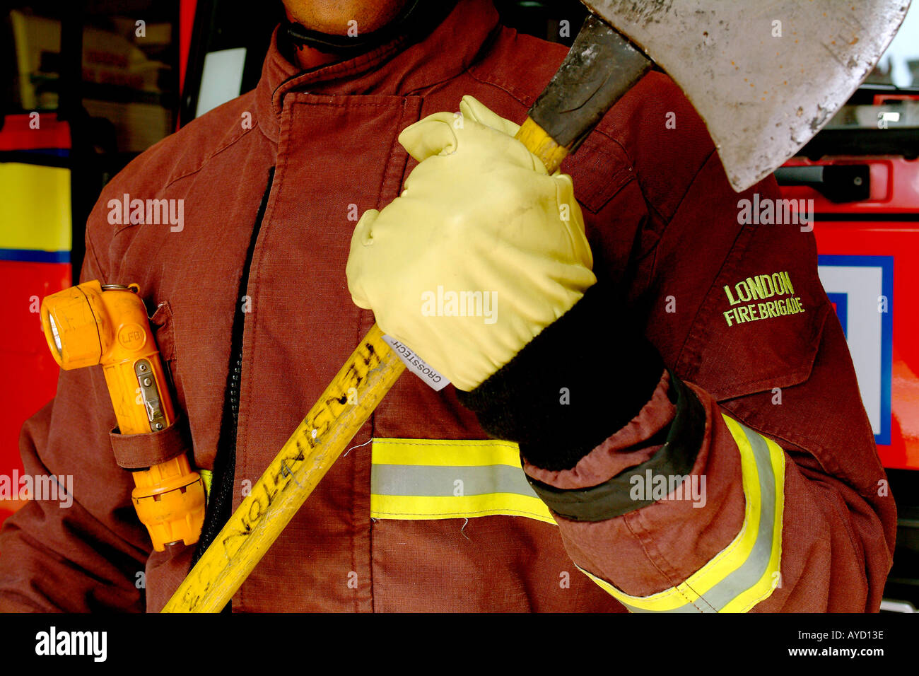 Close up of a London Fire Brigade fireman showing his uniform and a ...