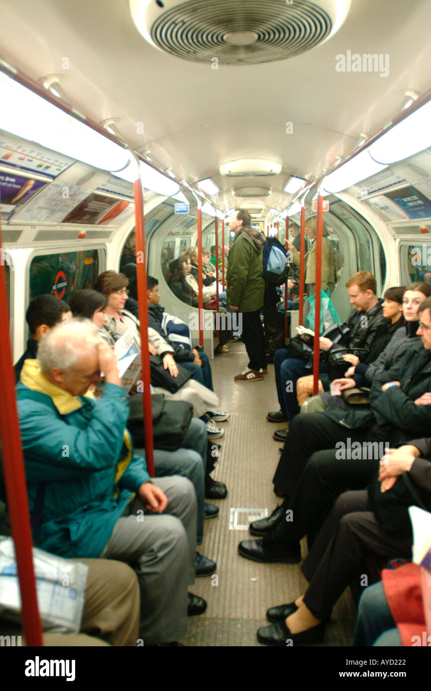 Interior of a Victoria Line tube train in London Stock Photo - Alamy