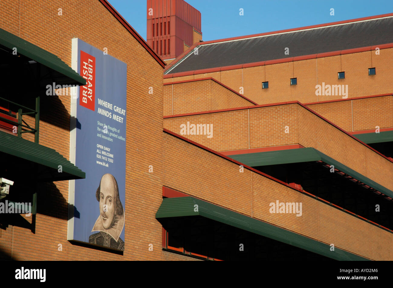 View of new British Library exterior showing poster of William ...
