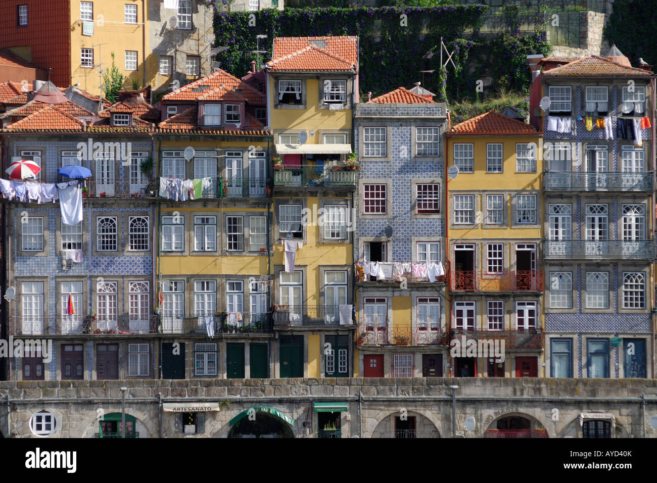 Porto Portugal Tile fronted buildings on the Cais da Ribeira Stock ...