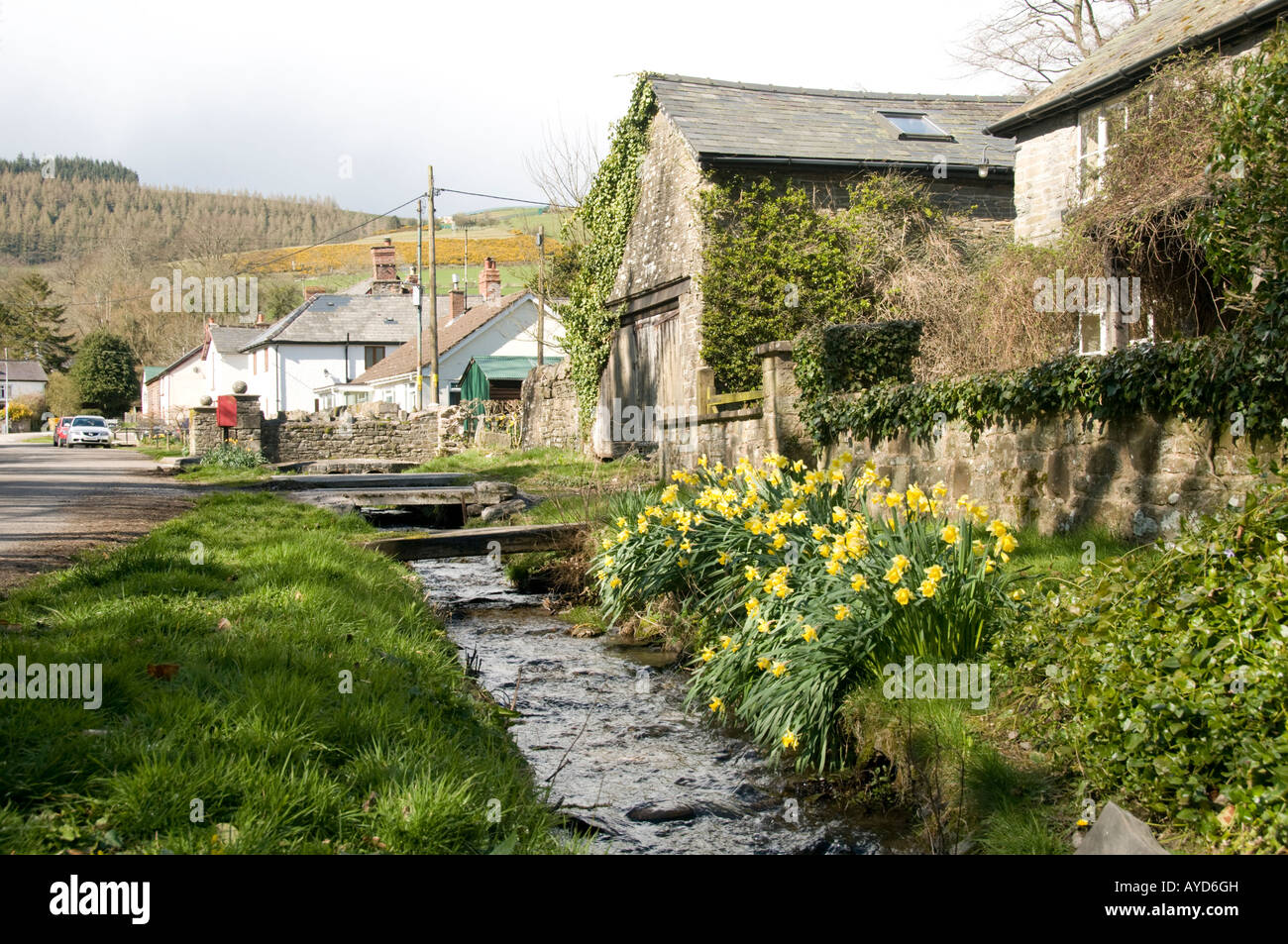 Houses in Water Street New Radnor village Powys Mid Wales a stream runs ...