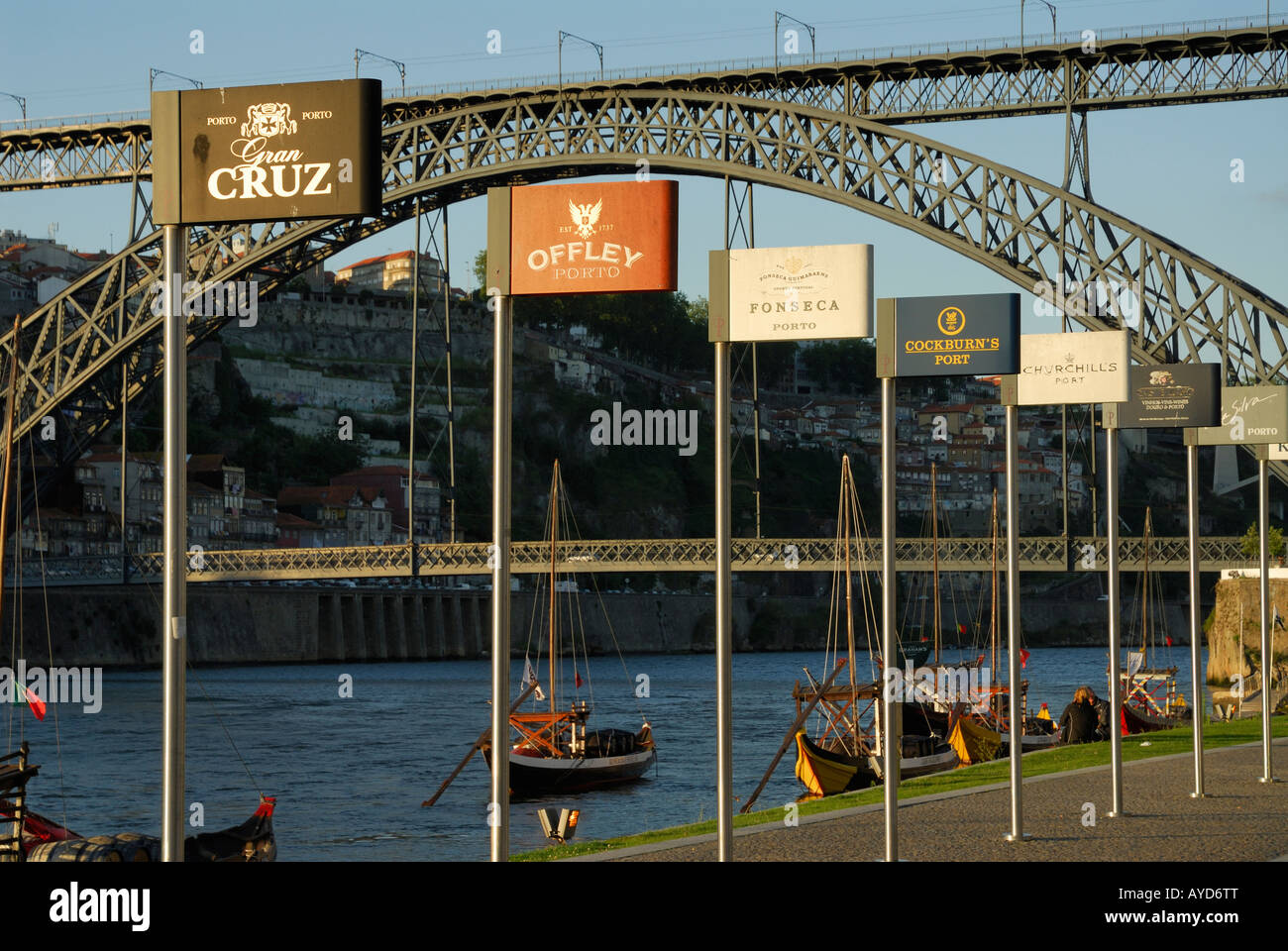 Porto Portugal Signs of famous Port Wine producers line the promenade ...