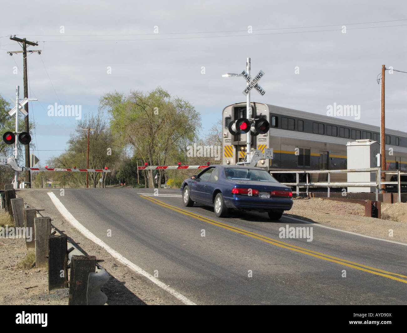 Car waiting at a railroad crossing Stock Photo - Alamy