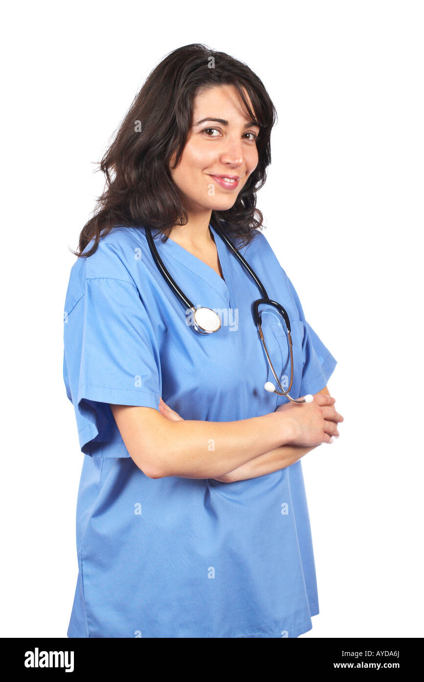 Friendly female doctor in blue scrubs with stethoscope Stock Photo - Alamy