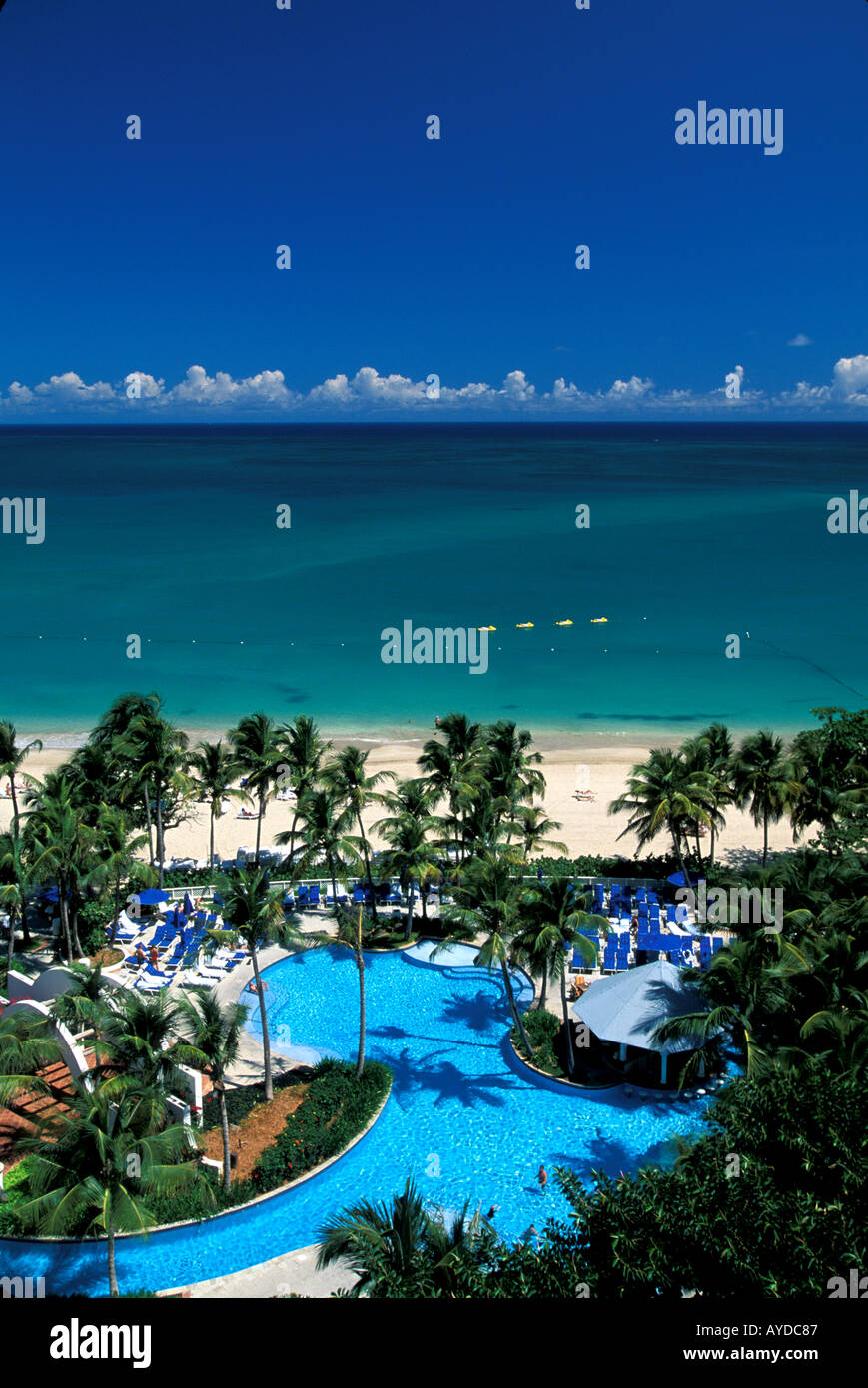 Isla Verde beach and hotel swimming pool with palm trees aerial San ...