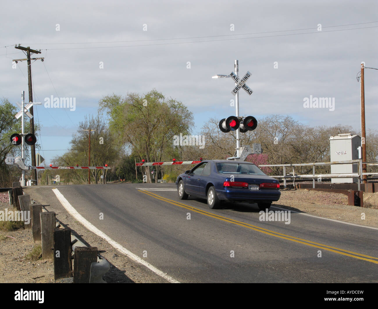 Car waiting at a railroad crossing Stock Photo - Alamy